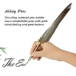Quill Feather Pen, European Retro Feather Quill Alloy Pen Dip Nib Calligraphy Writing Pen Gift Set for Couples, Friends, Colleagues, Elders, Teachers(Gray)