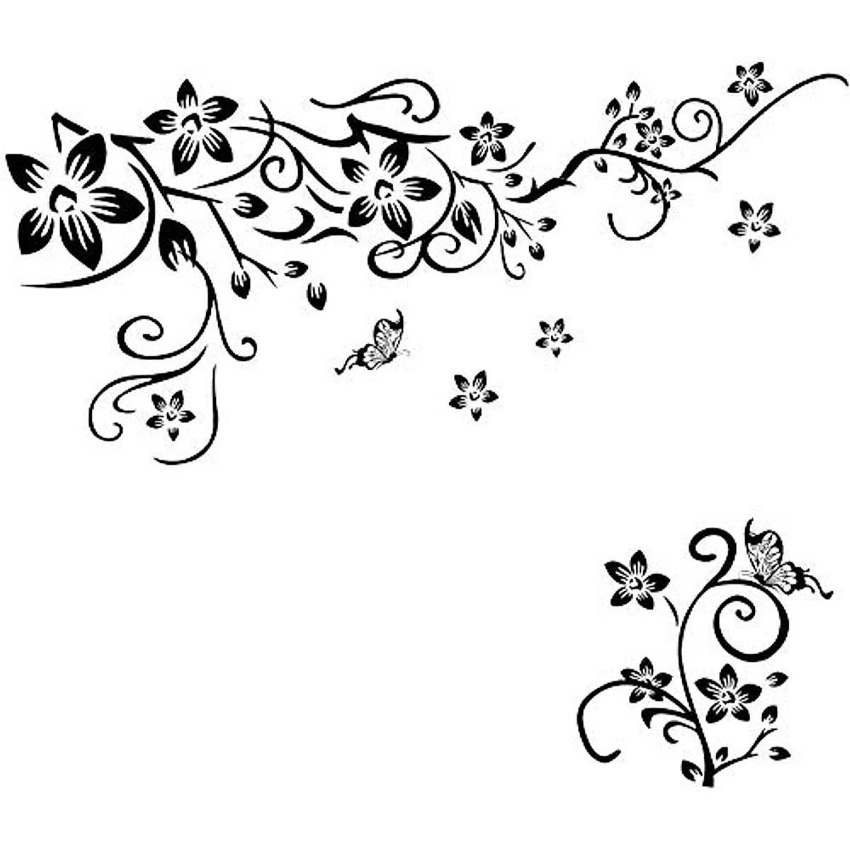 RW-027 Removable Black Vinyl Flower Vines Wall Decal Butterfly Wall Stickers Floral Wall Decor 3D Peel and Stick Art for Girls Bedroom Nursery Living Room Kids Babys Rooms Classroom Wall Decoration