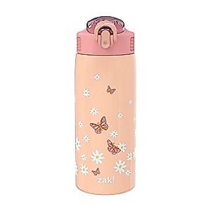 Zak Designs Water Bottle for Travel and At Home, 19 oz Vacuum Insulated Stainless Steel with Locking Spout Cover, Built-In Carrying Loop, Leak-Proof Design (Daisies)