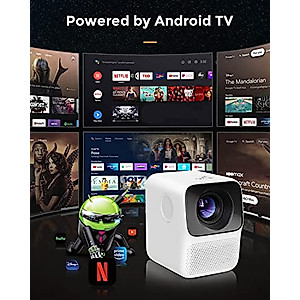 POKITTER Orca Mini Portable Projector with WiFi and Bluetooth, Android TV 9.0 with 5000+ Apps, 9000 Lumens, Native 1080P & 4K Supported, 4D Keystone Correction, 6W Speaker, 120" Image, HDR 10, T2 Max