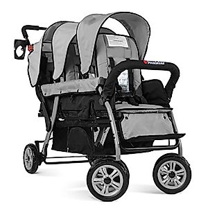 Foundations Sport Trio 3-Seat Folding Stroller with Oversized UV Blocking Canopy, 5-Point Harness for Added Safety, Easy Loading, Storage Bucket, Fits Through Most Standard Doorways (Gray)