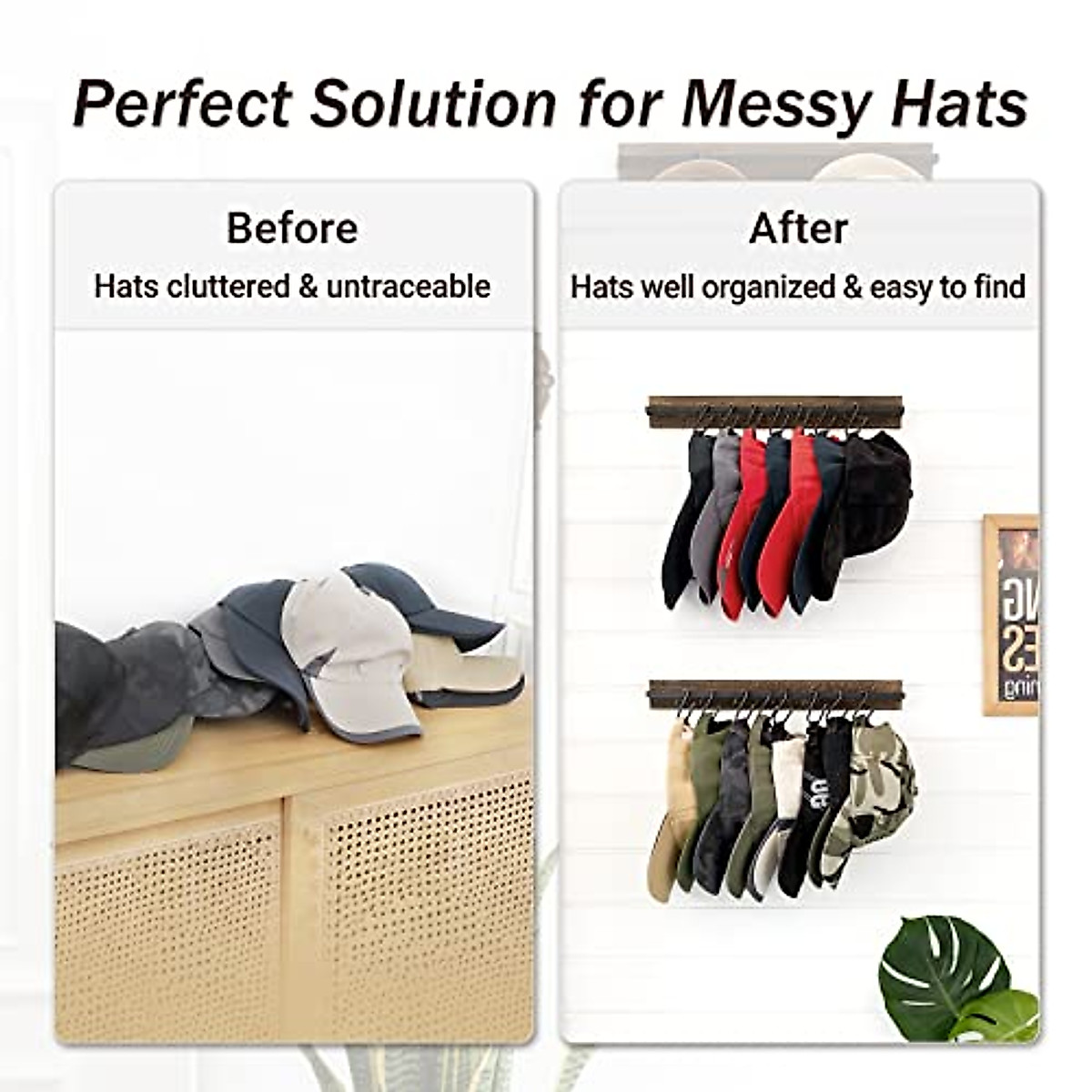 Mkono Hat Rack for Wall Wooden Baseball Caps Organizer with 20 Hooks Rustic Cowboy Hat Hanger Wall Mounted Hats Display Rack for Closet Bedroom Entryway, Set of 2, Brown