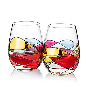 The Wine Savant Artisanal Hand Painted Stemless - Gift for, Friends, Girlfriends, Renaissance Stain-glassed Windows Wine Glasses Set of 2 - Gift Idea for Birthday, Housewarming - Extra Large Goblets