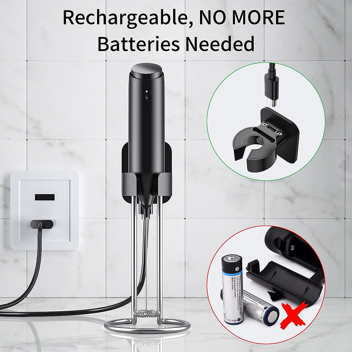 Milk Frother Handheld, BGFOX Drink Mixer Electric Handheld with Stainless Steel Stand, Rechargeable Frother for Coffee for Cappuccino, Latte, Protein Powder, Hot Chocolate, Matcha, Black