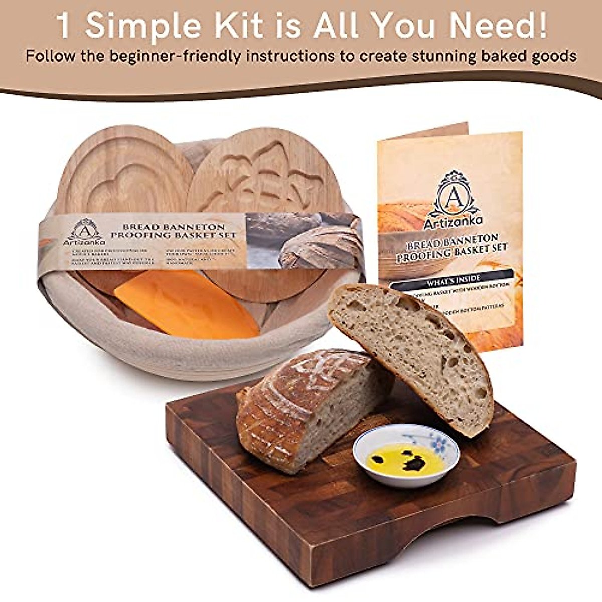 9 in Bread Proofing Basket Set - Make Sourdough Bread with our Banneton Basket and Removable Design Inserts Dough Scraper & Cloth Liner Gift for Bakers by Artizanka (Round Bottom Basket)