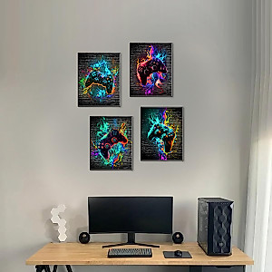 Gamepad Abstract Wall Art,Graffiti Game Controller Poster,Canvas Printsfor Boy Bedroom Decor,8x10 inches Unframed Set of 4.