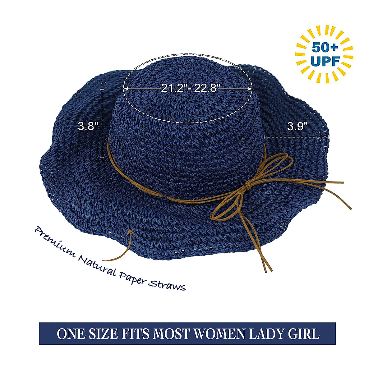 Women Sun Hat Wide Brim Floppy Beach Hat Crochet Straw Hat Breathable UV UPF 50+ Summer Hat Foldable Packable Travel Outdoor Cap Navy Blue