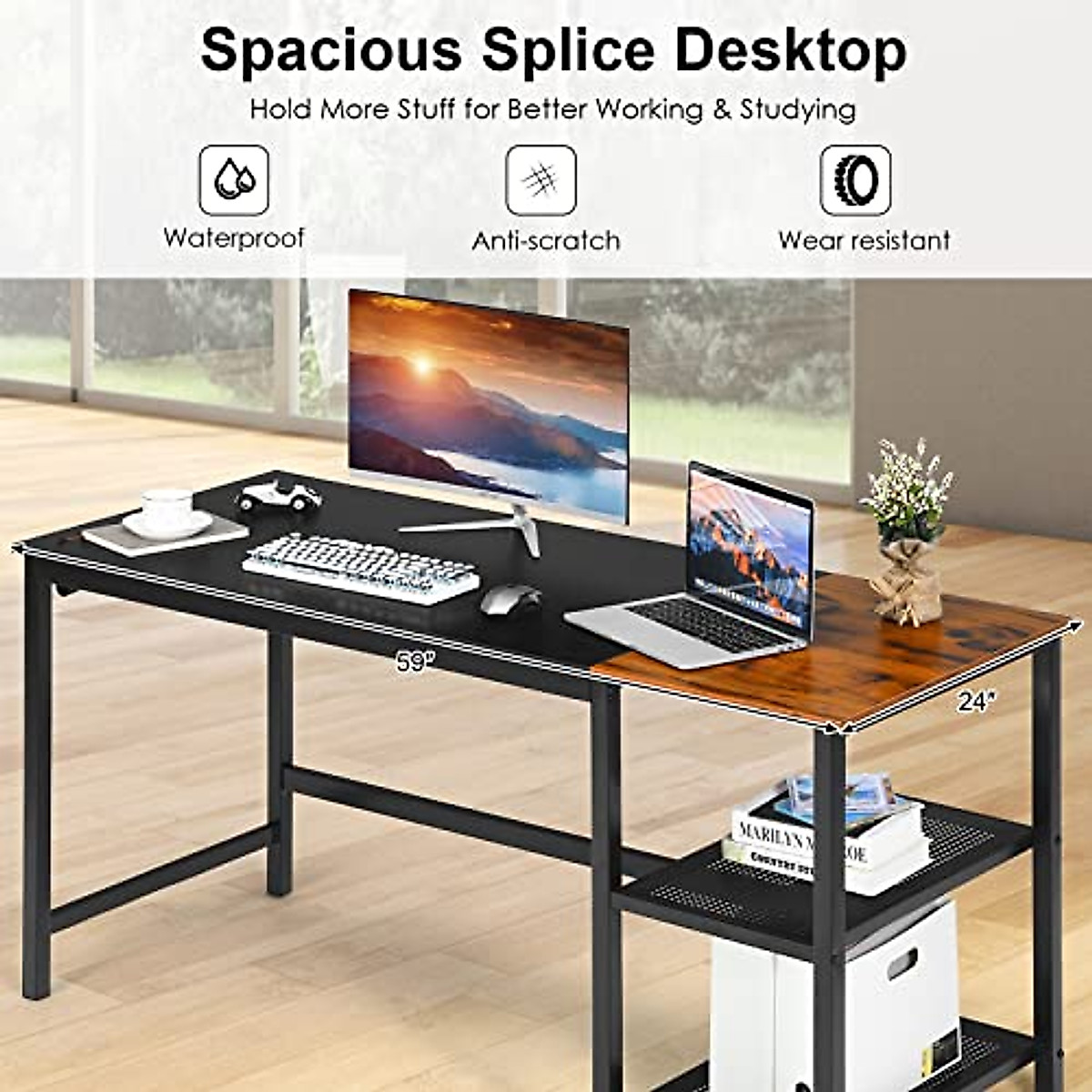 COSTWAY 59” Computer Desk, with 2 Removable Storage Shelves, Industrial Writing Workstation with Headphone Hook, for Home Office, Gaming Desk (Black)