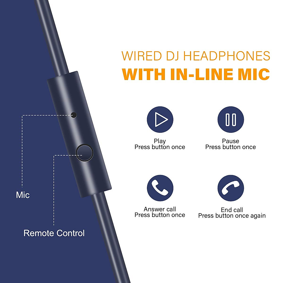 OneOdio Over Ear Headphone, Wired Bass Headsets with 50mm Driver, Foldable Lightweight Headphones with Share Port and Mic for Recording Monitoring Mixing Podcast Guitar PC TV (Dark Blue)