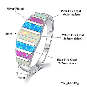 CiNily Women's Opal Rings,Create White Blue Pink Fire Opal Silver Plated Gemstone Ring Size 10