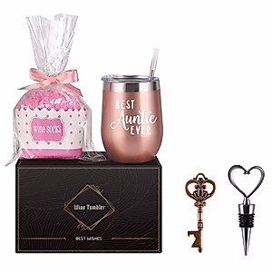 Gingprous Best Auntie Ever Wine Tumbler Wine Socks Set, Funny Auntie Gift for Aunt for Mother’s Day Birthday Christmas, 12Oz Stainless Steel Wine Tumbler with Lid and Socks, Opener, Stopper, Rose Gold