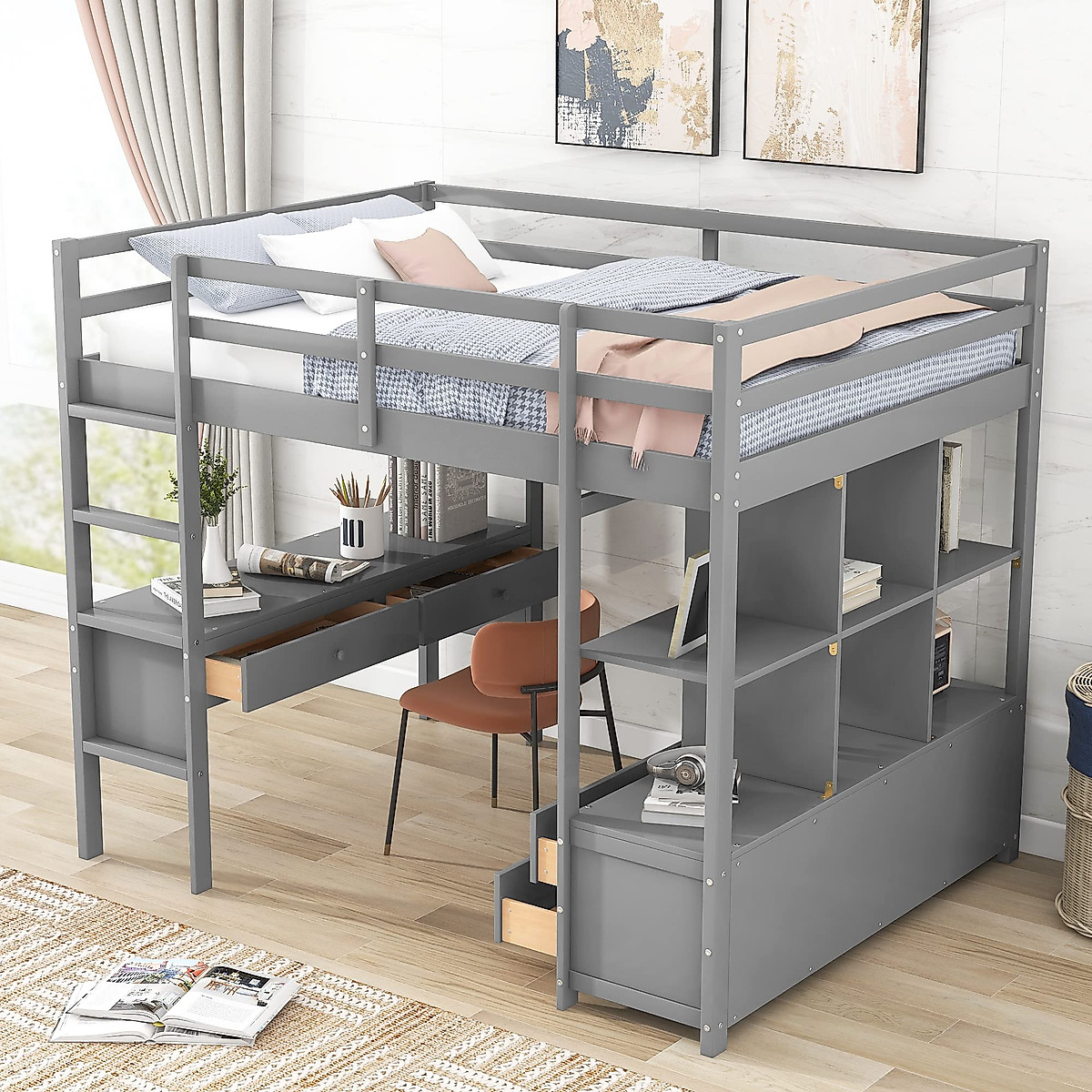 Bellemave Full Loft Bed with Desk and Storage Drawers Wood Beds Frame Bookcase Shelves for Dorm Bedroom Size Bunk Kids Adults Boys Girls Teens, Gray