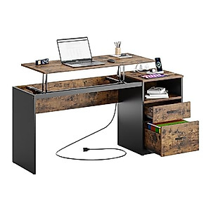 Bestier 60 inch Home Office Desk with Power Outlets, Computer Desk with Drawers, Reversible Desk with File Drawer, Adjustable Height Desk with Storage for Home Office, Brown