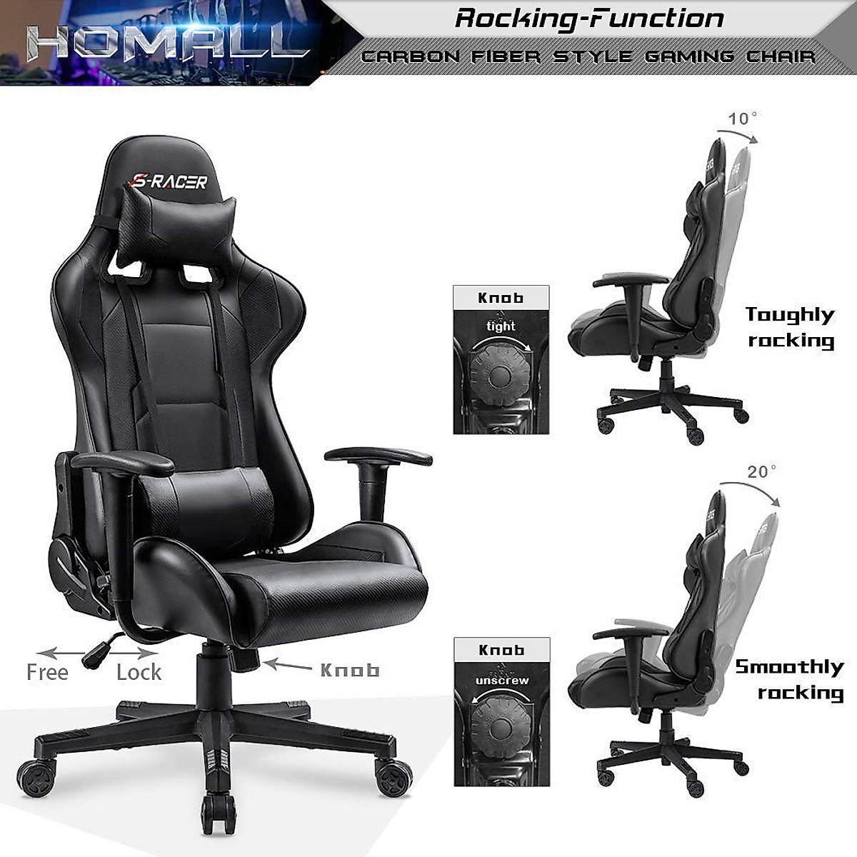 Homall Gaming Chair, Office Chair High Back Computer Chair Leather Desk Chair Racing Executive Ergonomic Adjustable Swivel Task Chair with Headrest and Lumbar Support (Dark Black)
