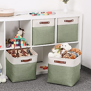 Temary Cube Storage Baskets for Shelves 4pack Fabric Storage Basket for Organizing Toys, Clothes, 13 Inch Storage Cubes with Leather Handles, Closet Baskets Nursery Home (White&Green)