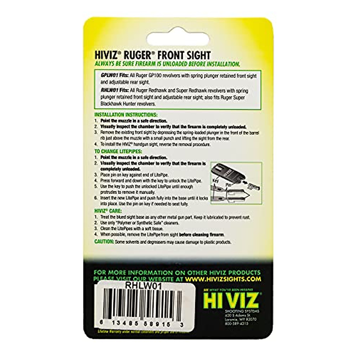 HIVIZ RHLW01 Ruger Interchangeable LITEWAVE Front Handgun Sight