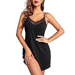 Ekouaer Womens, Nightgown Nightshirt, Mesh V Neck Tank, Chemise Sleeveless Sleepwear, Silp Nighty Dress, Spaghetti Strap Babydoll Lingerie, Black, Medium