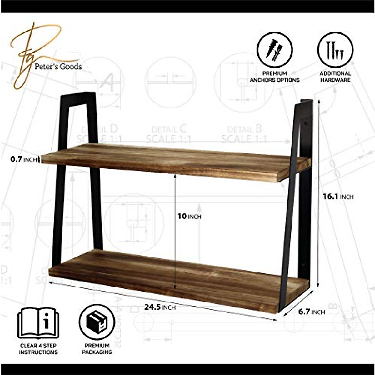 Peter's Goods 2-Tier Modern Rustic Floating Wall Shelves, Rustic Brown - Modern Farmhouse Wall Mounted Decor Book or Knick Knack Shelf for Laundry Room, Bathroom, Kitchen, Bedroom, Office and More