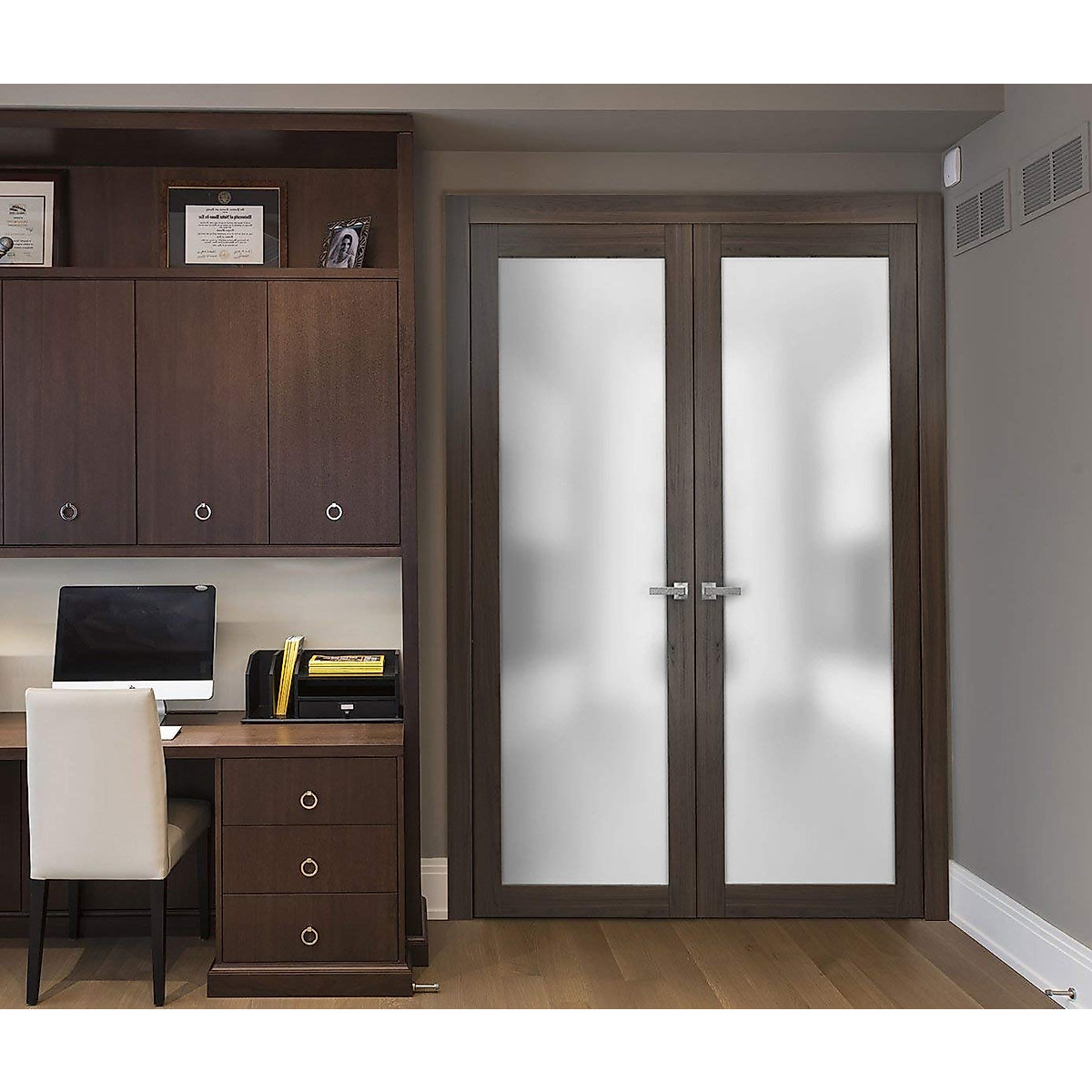 SARTODOORS - French Lite Frosted Glass Doors 72 x 80 | Planum 2102 Chocolate Ash | Frames Trims Satin Nickel Hardware | Bedroom Hall Solid Core Wooden Panels