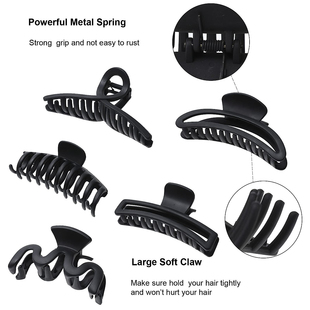 5PCS Large Claw Hair Clips for Thick Hair Big Banana Hair Clips for Women Nonslip Strong Hold Hair Claw Clip (Matte Black)