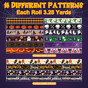 16 Rolls Halloween Washi Tape Holiday Masking Tape Black Halloween Stickers Glod Foil Decorative Tape for Halloween Scrapbook Journal DIY Craft Gift Wrapping（Halloween