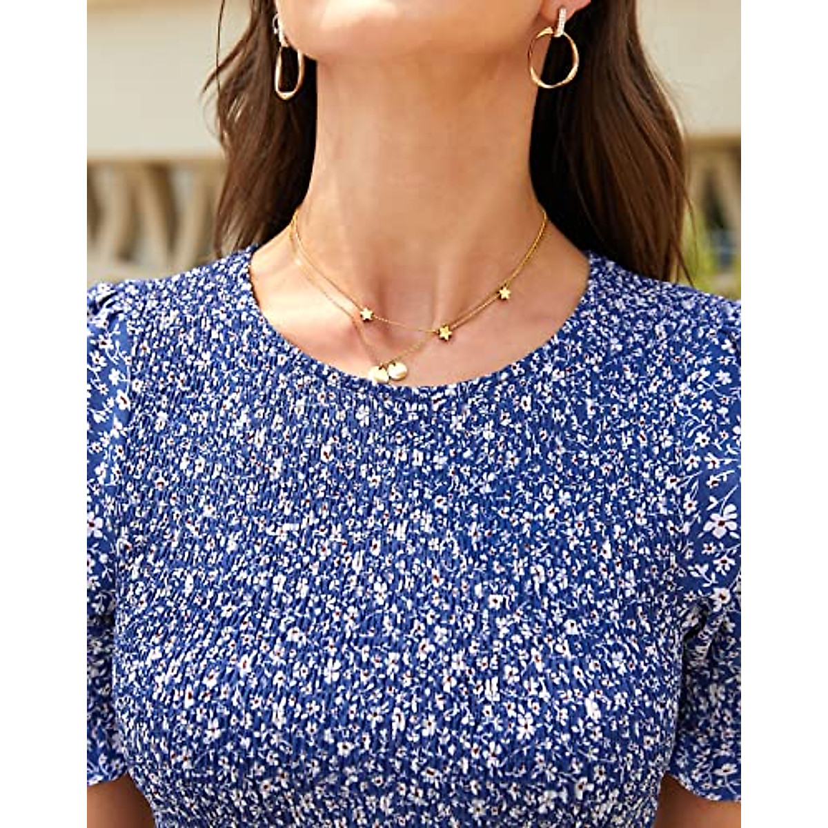 Maggeer 2023 Summer Cute Boho Tiered Puff Short Sleeve Smocked Midi Dresses for Women Blue-1 XS