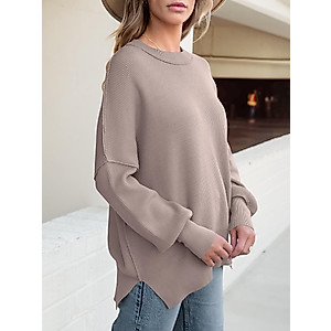 ANRABESS Women Crewneck Batwing Long Sleeve 2024 Fall Oversized Side Slit Ribbed Knit Pullover Sweaters Top Cozy Outfits Pink Apricot Large