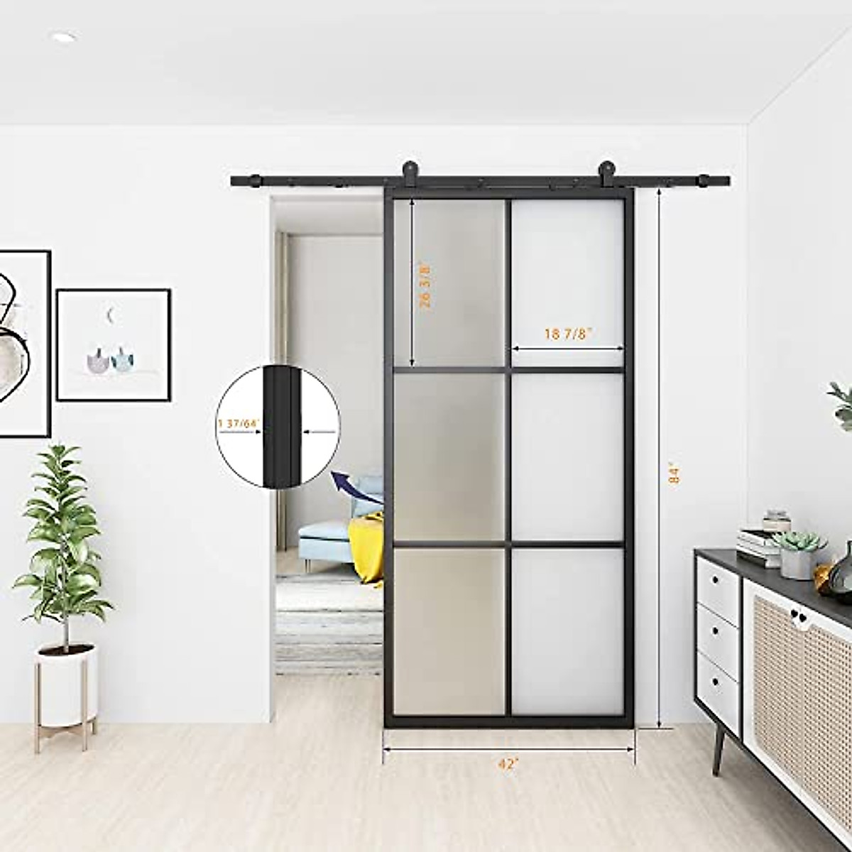 BARNSMITH 42in x 84in Frosted Glass Barn Door with 7FT Top Mounted Hardware kit Soft Close Mechanism DIY 6 Lites Tempered Glass Modern Aluminum Sliding Door Disassembled Easy Installation KDA03