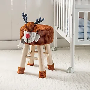 AC Pacific Woodland Deer Stool for Kids, Animal Themed Wooden Ottoman Chair with Soft Plush Fabric, Sturdy Pine Wood Legs, Ideal for Playrooms, Nurseries or Living Rooms, Cinnamon