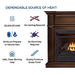 Duluth Forge Dual Fuel Ventless Gas Fireplace System with Mantle, Thermostat Control, 5 Fire Logs, Use with Natural Gas or Liquid Propane, 26000 BTU, Heats up to 1350 Sq. Ft., Gingerbread Finish