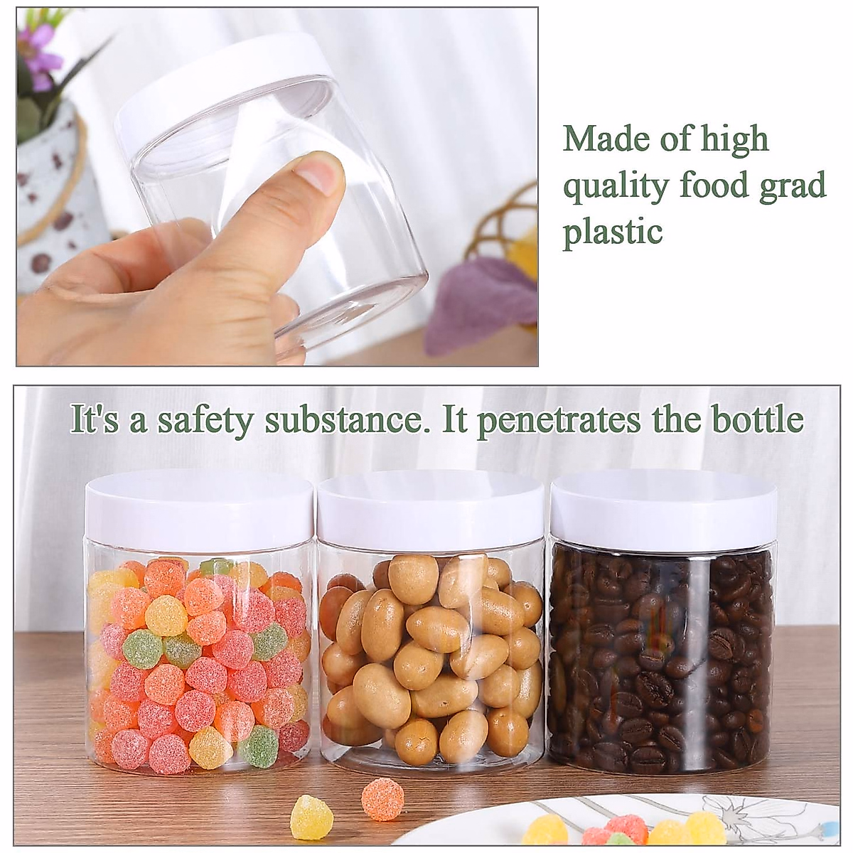 Dabacc 8 OZ Plastic Jars with Lids, Clear Plastic Containers, 32Pcs Clear Plastic Slime Mason Spice Jar Empty Round Container with White Lid & Chalkboard Sticker for Kitchen Dry Food Spices Jelly