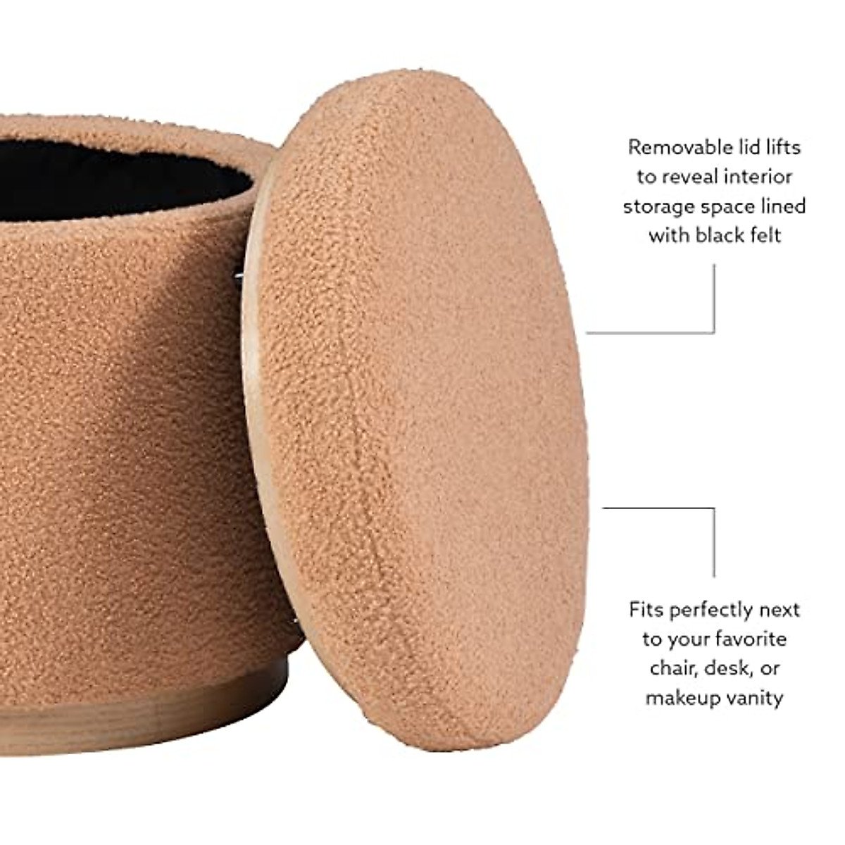 Linon Lexington Tan Sherpa Round Storage Ottoman with Wood Accent