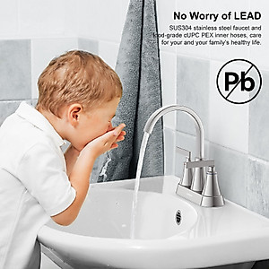 Bathroom Sink Faucet, Hurran 4 inch Brushed Nickel Bathroom Faucets for Sink 3 Hole with Pop-up Drain and Supply Lines, Stainless Steel 360 Swivel Waterfall Faucet for Bathroom Sink Vanity RV Restroom