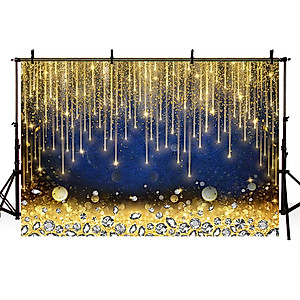 AIBIIN 7x5ft Royal Blue Gold Glitter Backdrop Gold Sparkle Bokeh Spot Diamond Birthday Boy Girl Homecoming Prom Graduation Wedding Bridal Shower Photography Background Party Decorations Banner Props