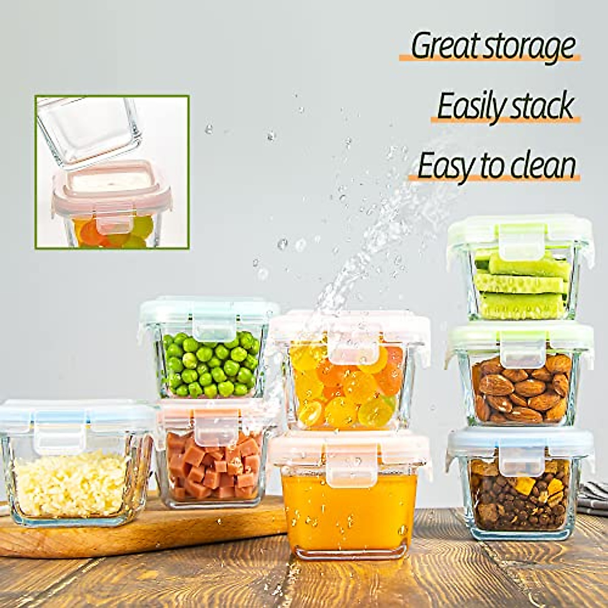 CZUMJJ 5 oz Square Glass Food Storage Containers Set of 24, Small Containers with Locking Lids, Airtight Glass Food Jars for Food Portion, Snacks | Freezer, Microwave & Dishwasher Safe