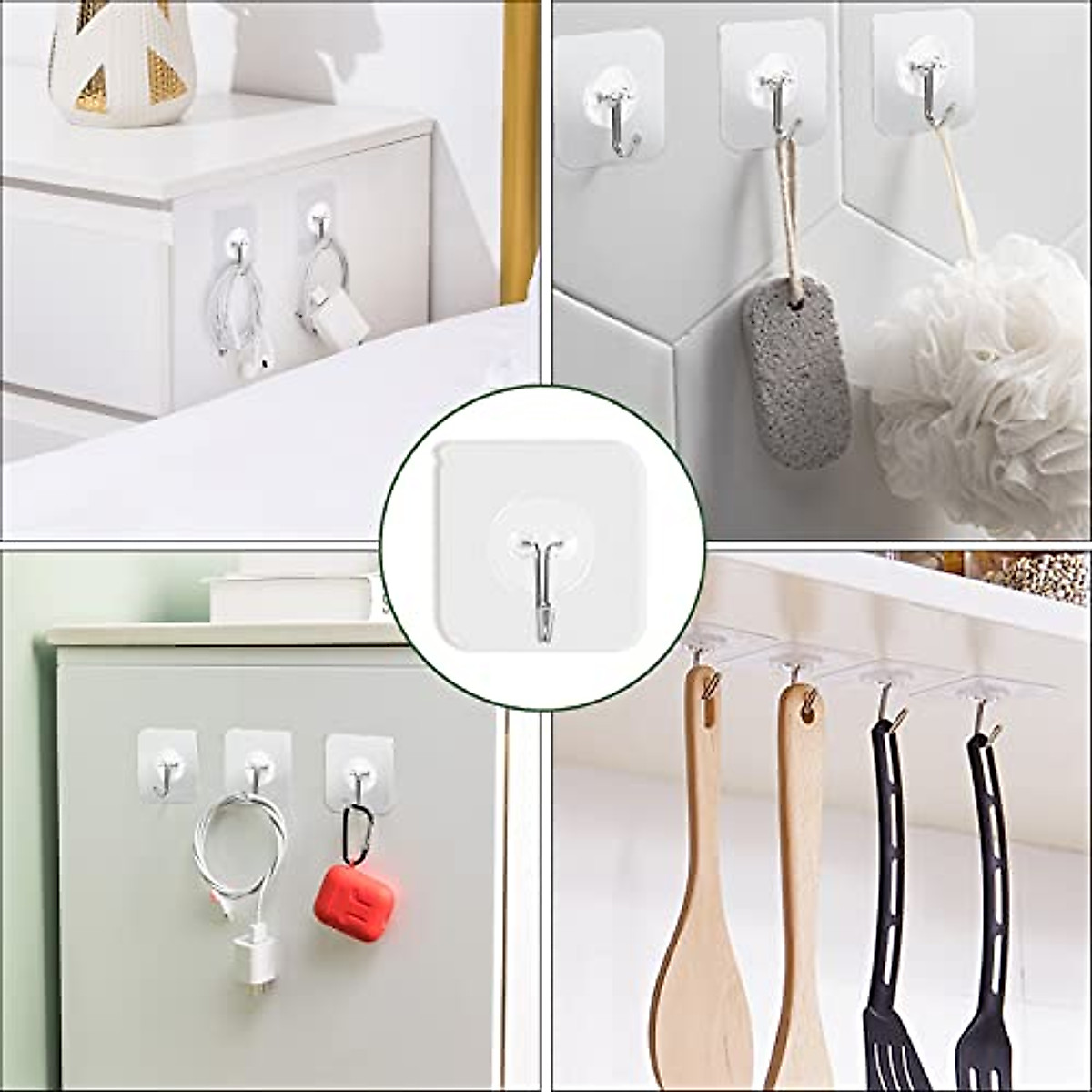 AROIC Adhesive Hooks for Hanging, 58 Packs Command Hook Heavy Duty Self Adhesive Wall Hooks 20 lbs / 9 kg (Max), Removable, Waterproof Hook for Bedroom Kitchen Bathroom