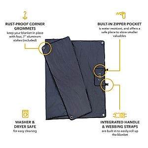 RTIC Anywhere Blanket, Waterproof Portable, Quilted Outdoor Mat for Picnic, Beach, Camping, Grass, Park, Play-Time, Pets, Stain Resistant Machine Washable, Includes 4 Stakes, 54.5" x 78.5", Coal