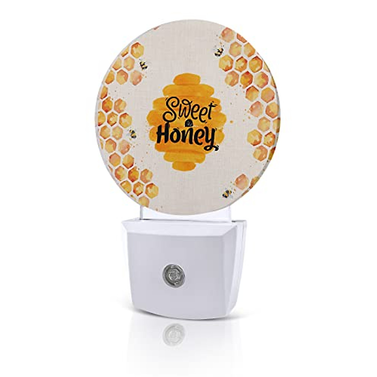 ILYBEEN Farm Sweet Honey Bee with Honeycomb LED Night Lights Plug-in Nightlight with Auto Dusk to Dawn Sensor, Hexagon on Burlap Cotton Round Lamp for Bedroom,Hallway,Bathroom