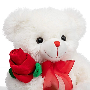 HollyHOME Teddy Bear Stuffed Animal Rose Bear with Red Bow Soft Plush Toy Holiday Valentine's Day Gift 12 Inches White
