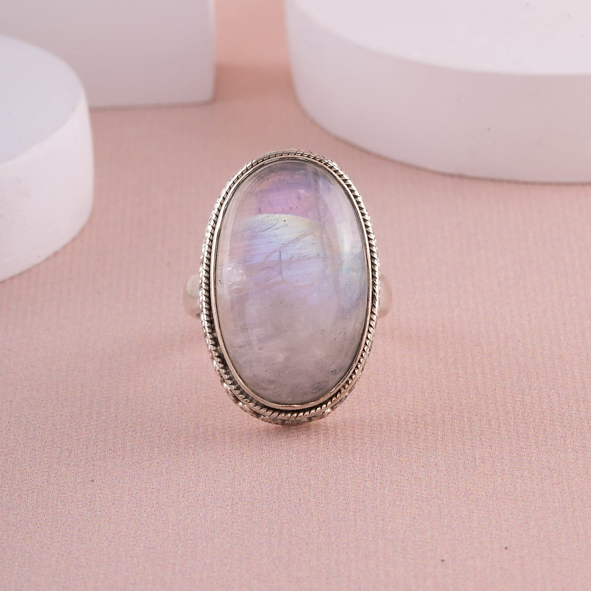 Silver Eternity Big Moonstone ring for Women Oval Stone Ring 925 Sterling Silver Boho Sterling Silver Statement Ring For Gift (White, Ring Size - 7)
