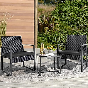 GUNJI Patio Furniture Sets 3 Pieces Outdoor Conversation Set with Coffee Table Patio Wicker Rattan Chairs Set Bistro Sets for Garden, Yard, Lawn, and Balcony (Black)