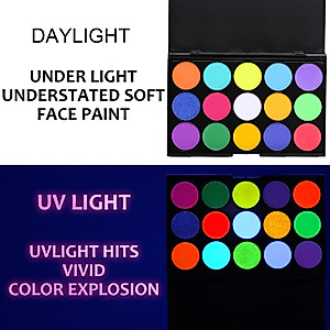 BADCOLOR Glow UV Face Paint, 15 Colors Neon Eyeshadow Palette, Water-Based UV Blacklight Face Body Paint for Kids - UV Eyeliner Makeup Palette for Halloween Glow Party Club Music Festivals