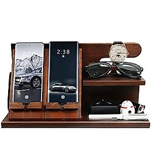 Gifts for Men Wood Phone Docking Station for Men Nightstand Organizer Key Holder Wallet Stand Watch Husband Wife Anniversary Dad Man Birthday