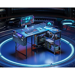 ODK 40 Inch Small L Shaped Gaming Computer Desk with Power Outlets, Corner Desk with Reversible Storage Shelves & PC Stand for Small Space, Modern Simple Home Office Table, Carbon Fiber Surface, Black