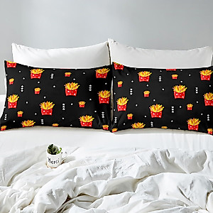 French Fries Print Fitted Sheet Full Size Snacks Bed Sheet Set for Boys Girls Teens Bedroom Decor Fried Food Print Bedding Set Women Men Star Print Bed Cover with 2 Pillow Case