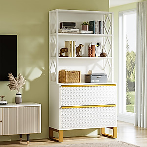 Tribesigns 4-Tier Bookshelf with 2 Drawers, 71" Tall White and Gold Bookshelf with Open Shelves & Drawer, Modern Bookcase Display Book Shelf Organizer for Bedroom, Living Room, Home Office