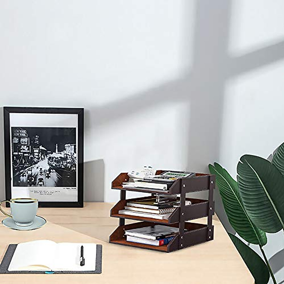 Leather Desk Organizer, Sendi Store Leather Stackable Office File Document Tray for Files, Folder, Stationery, Magazine, Newspaper, Mail, Home Sundries Desktop Organization Holder (Brown 3-Tray)