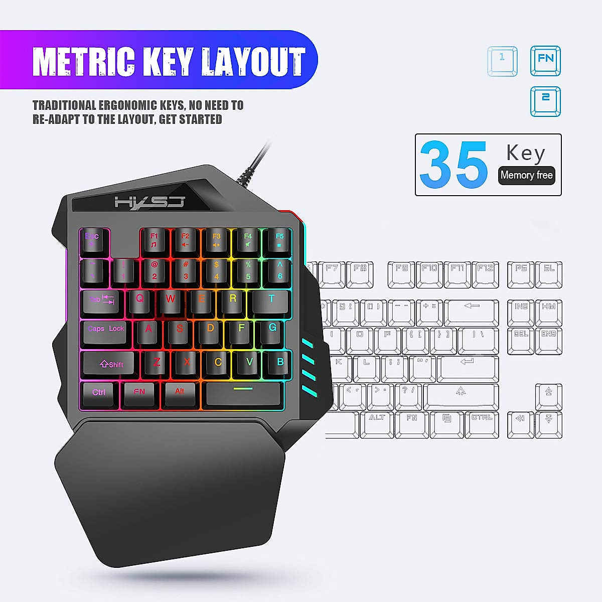 HXSJ V100 one-Handed Colorful Backlit Keyboard one Hand Mechanical Gaming Keyboard Mini Portable Wired Game Keyboard