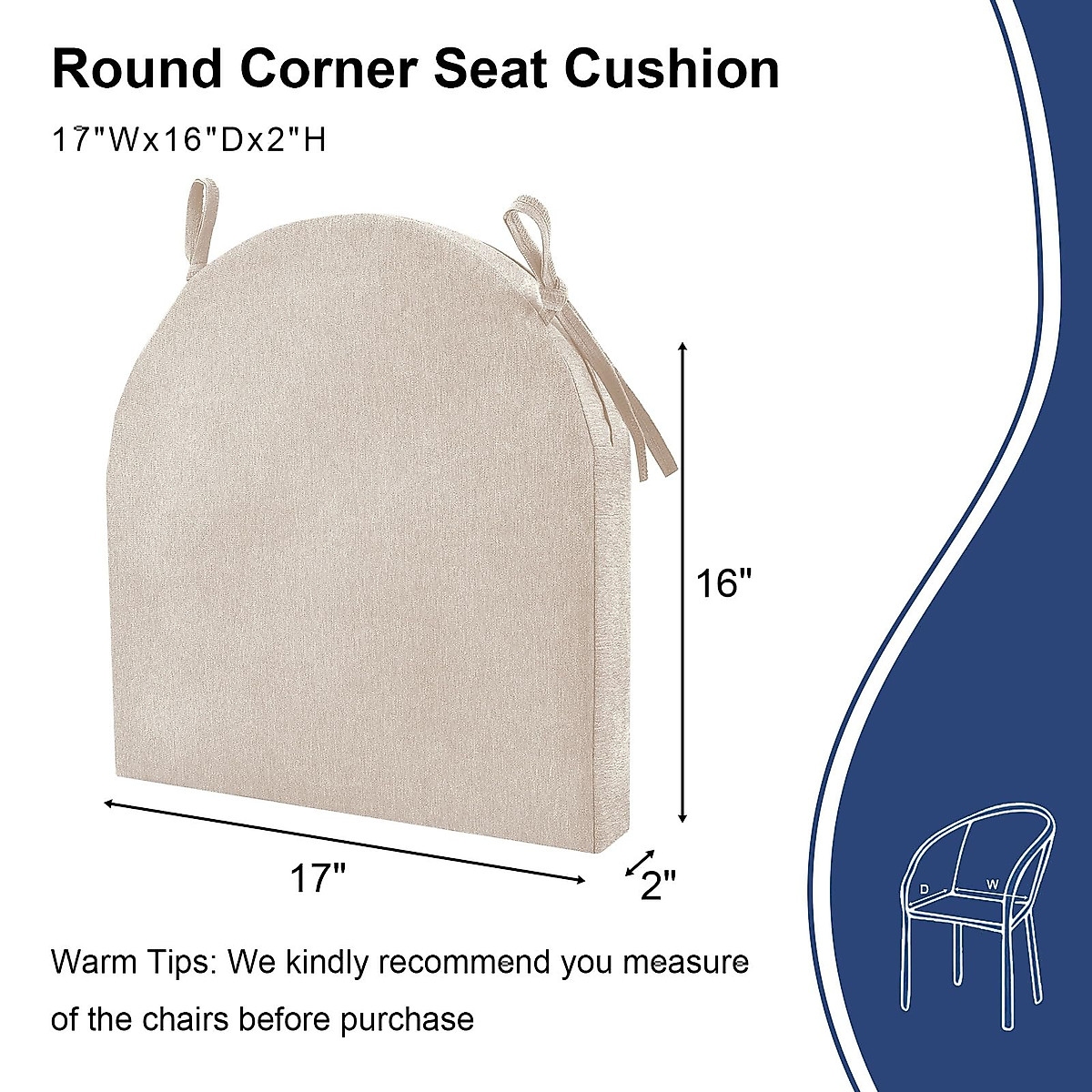 Topotdor Outdoor Chair Cushions Set of 2, Waterproof Patio Chair Cushions for Outdoor Furniture, Round Corner Seat Chair Pads with Ties for Patio Garden Dining Office, 17"x16"x2", Beige