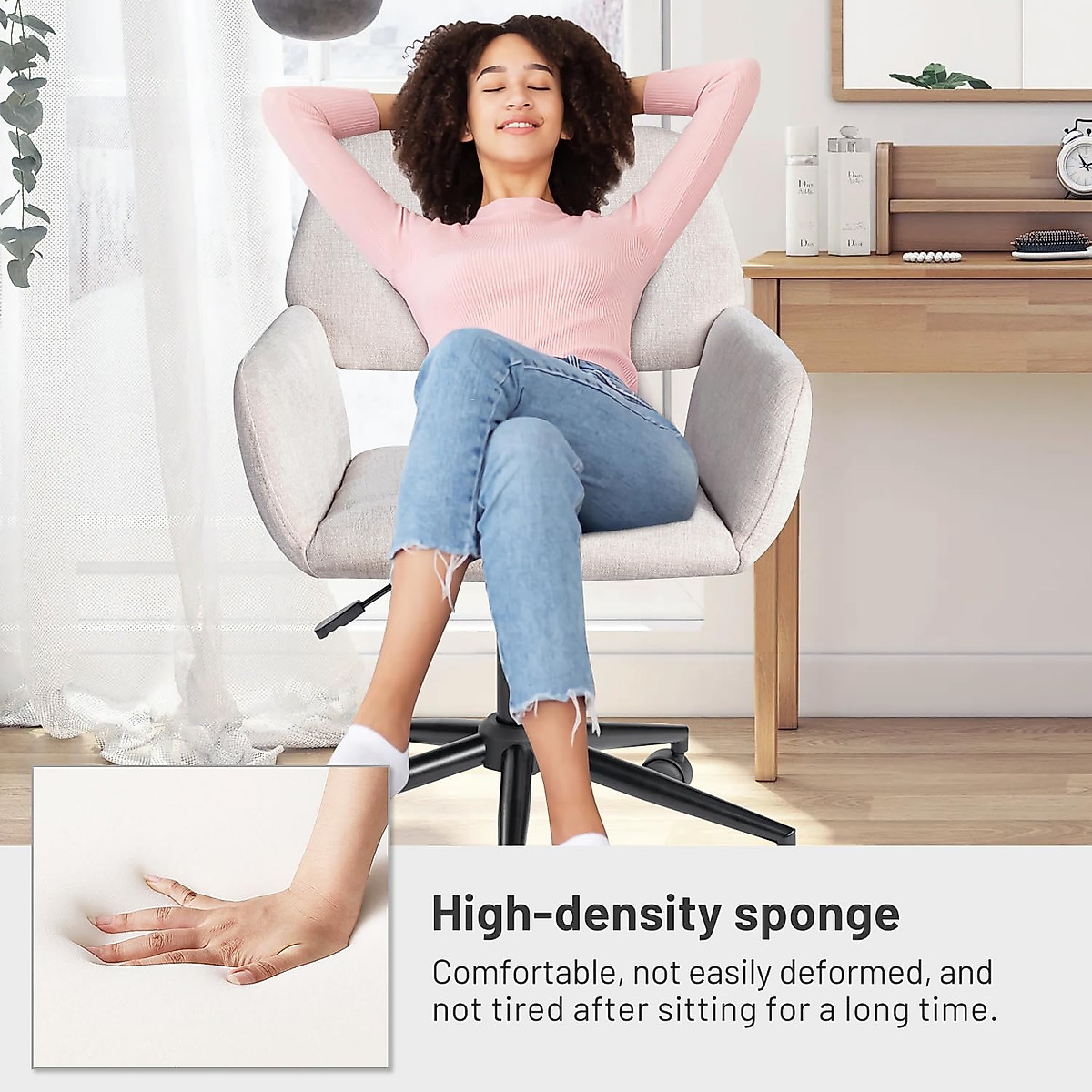 FurnitureR Home Office Chair, Mid Back Fabric Upholstered Vanity Desk Chairs with Rolling Wheels, Adjustable Study Chair Task Chair for Living Room, Bedroom, Small Spaces - Beige